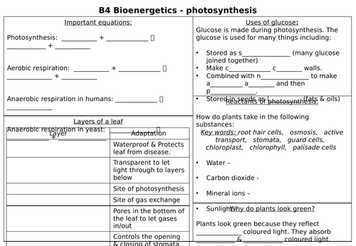 Aqa B4 Bioenergetics Revision Worksheet F Teaching Resources
