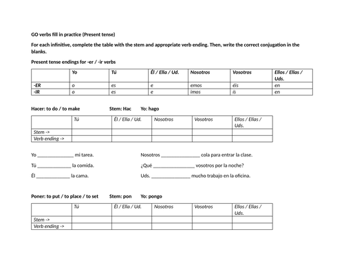 GO verbs fill in practice (Present tense) | Teaching Resources