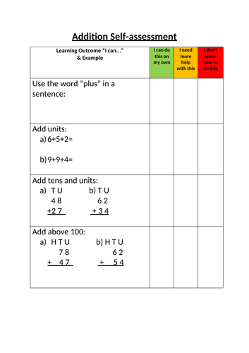 3rd Class Addition Self Assessment | Teaching Resources