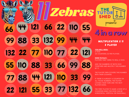 The Tutor Shed Presents - 11 Zebras 4 in a Row - 11 Times Tables Board ...
