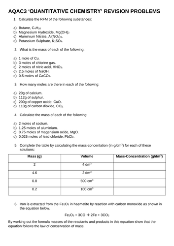 AQA C3 'Quantitative Chemistry' Higher Combined & Triple Problems & Answers | Teaching Resources