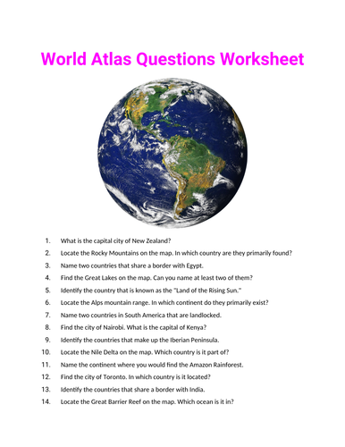 Geography World Atlas Worksheet | Teaching Resources