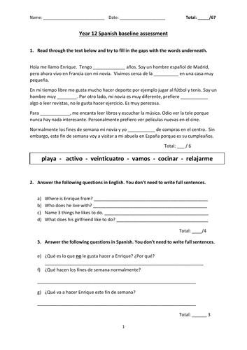 Year 12 Spanish Baseline assessment | Teaching Resources