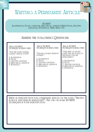 Writing a Persuasive Article Worksheet and Activities | Teaching Resources