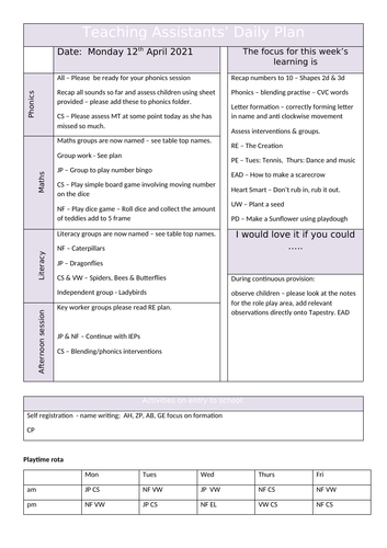 Teaching Assistants Daily Plan - Monday - Friday | Teaching Resources