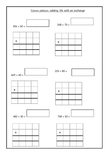 Column addition adding 10s with exchange | Teaching Resources