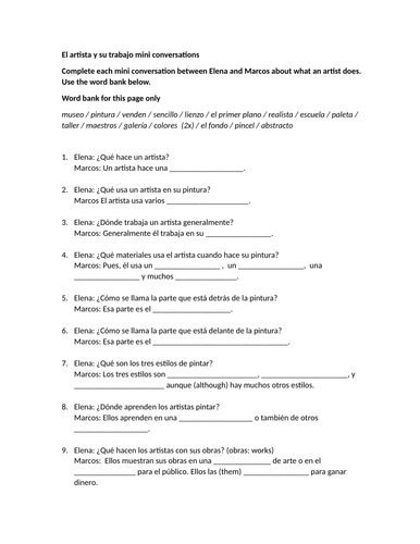 El artista y su trabajo mini conversations | Teaching Resources