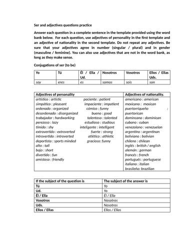 Ser and adjectives questions practice | Teaching Resources