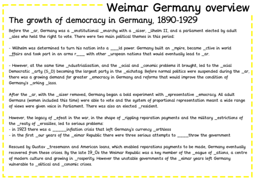 GCSE (1-9) History Weimar German Overview Worksheet (Fill in the gaps ...