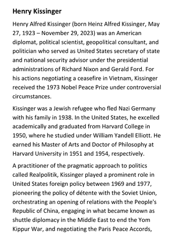 Henry Kissinger Handout | Teaching Resources