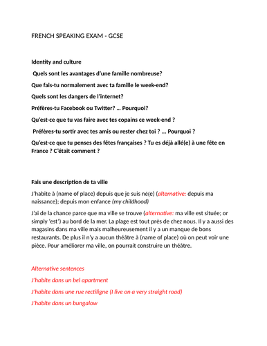 French GCSE speaking exam :questions with exemplar answers | Teaching ...