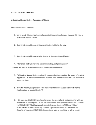 A Streetcar Named Desire: A LEVEL ENGLISH LITERATURE exam questions ...