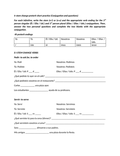 Ir stem change preterit short practice (Conjugation and questions ...