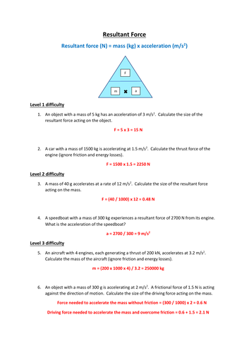 GCSE Physics Resultant Force (F=ma) Questions and Answers | Teaching ... GCSE Physics Resultant Force (F=ma) Questions and Answers | Teaching ...