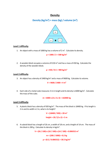 GCSE Physics Density (ρ=m/V) Questions and Answers | Teaching Resources