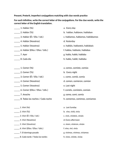 Present, Preterit, Imperfect conjugations matching with clue words ...