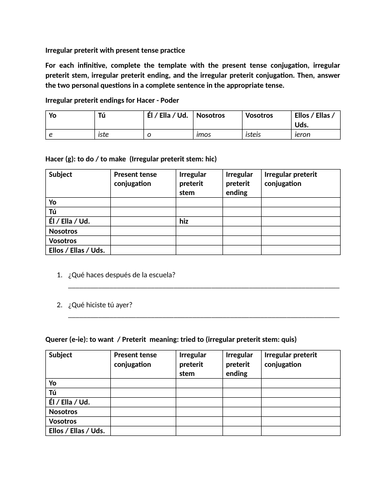 Irregular preterit with present tense practice | Teaching Resources