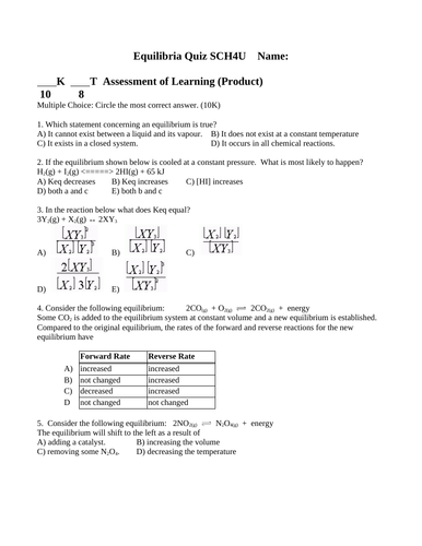 QUIZ EQUILIBRIA Quiz Grade 12 Chemistry SCH4U Equilibrium Quiz WITH ...