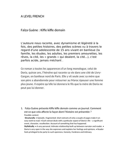 French A Level revision notes "Kiffe Kiffe Demain" | Teaching Resources