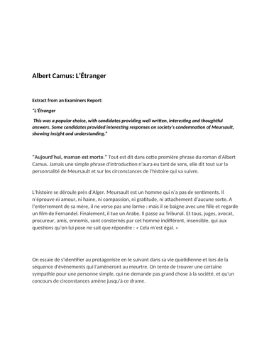 A LEVEL FRENCH revision aid for "L'etranger" by Camus ; exam questions ...