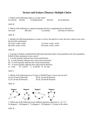 Physics Scalars And Vectors Multiple Choice Grade 11 Physics With Answers 11pg Teaching