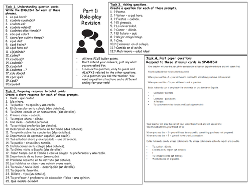 GCSE Spanish Role-play & Photo card revision Mat (Higher & Foundation ...