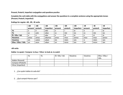 Present, Preterit, Imperfect conjugation and questions practice ...