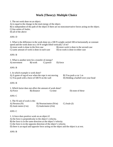 WORK and TRANSFER OF ENERGY Multiple Choice Grade 11 Physics WITH ...