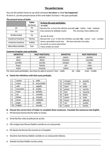 PERFECT TENSE - SPANISH | Teaching Resources
