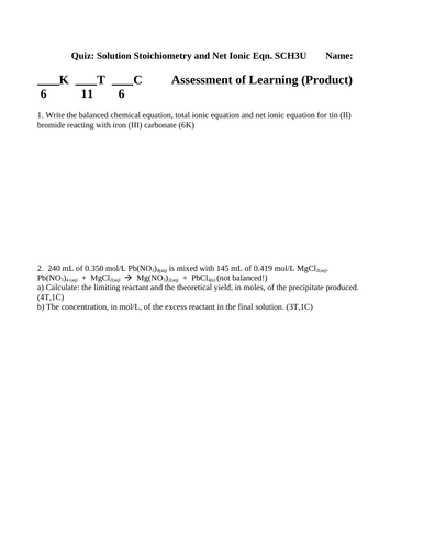 SOLUTION STOICHIOMETRY QUIZ Grade 11 Chemistry SCH3U Quiz WITH ANSWERS ...