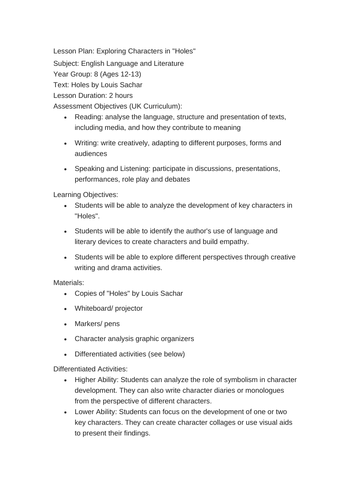 Holes - Character Traits Lesson Plan | Teaching Resources Holes - Character Traits Lesson Plan | Teaching Resources