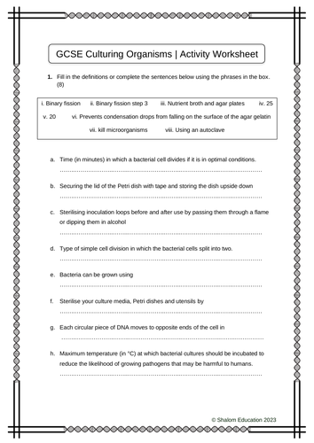 GCSE Biology - Culturing Organisms Activity Worksheet | Teaching Resources