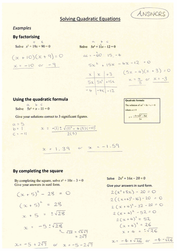 Solving Quadratic Equations Booklet Teaching Resources