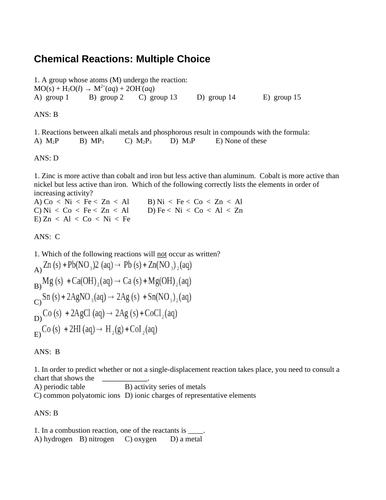 Products of CHEMICAL REACTIONS MULTIPLE CHOICE Grade 11 Chemistry WITH ...