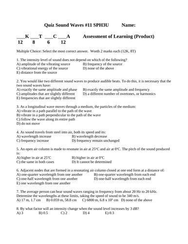 Air Column Quiz and SOUND WAVE QUIZ Grade 11 Physics Quiz SPH3U WITH ...