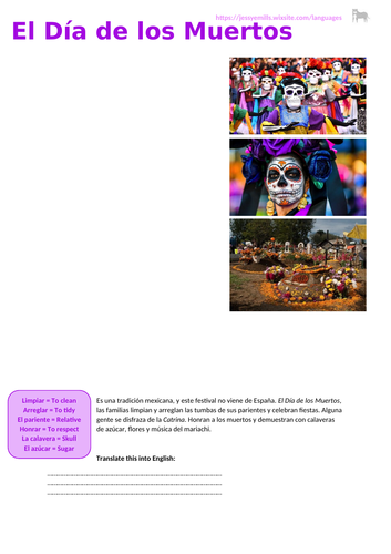 Spanish Worksheet - El día de los muertos | Teaching Resources