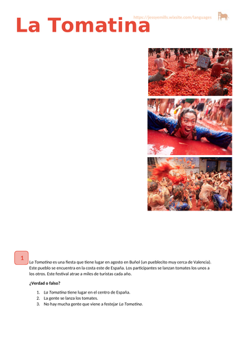 Spanish Worksheet - La tomatina | Teaching Resources