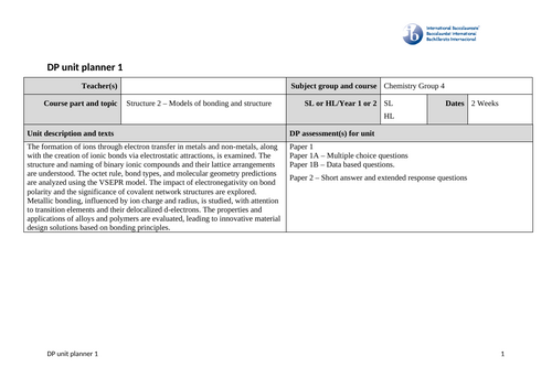 Unit plan for IB - DP chemistry- Structure 2 - Models of bonding and structure. | Teaching Resources