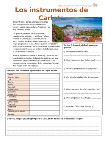 Spanish Reading Comprehension - Instruments | Teaching Resources