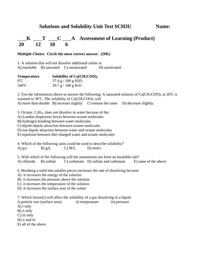 SOLUTIONS AND SOLUBILITY UNIT TEST Grade 11 Chemistry Test SCH3U WITH ...