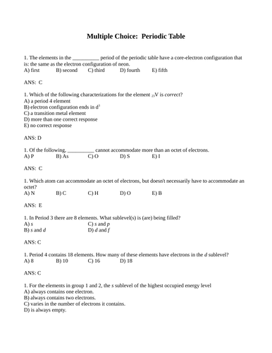 Electron Configurations & THE PERIODIC TABLE Multiple Choice Grade 12 ...