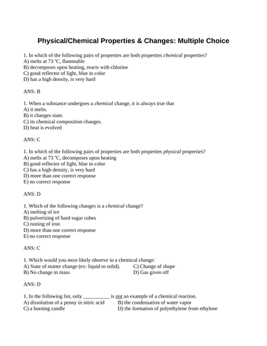 PHYSICAL AND CHEMICAL CHANGES & PROPERTIES Multiple Choice Grade 10 ...