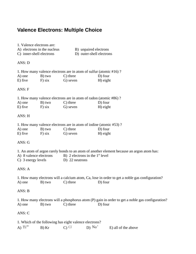 Bonding Capacity & VALENCE ELECTRONS MULTIPLE CHOICE Grade 11 Chemistry ...