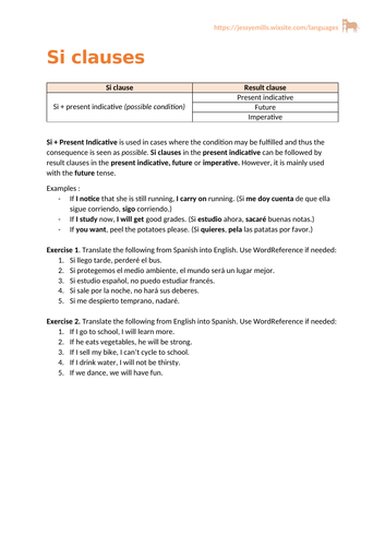 Spanish Grammar - Si clauses | Teaching Resources