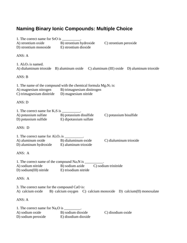 NAMING BINARY IONIC and COVALENT COMPOUNDS Multiple Choice Grade 11 ...