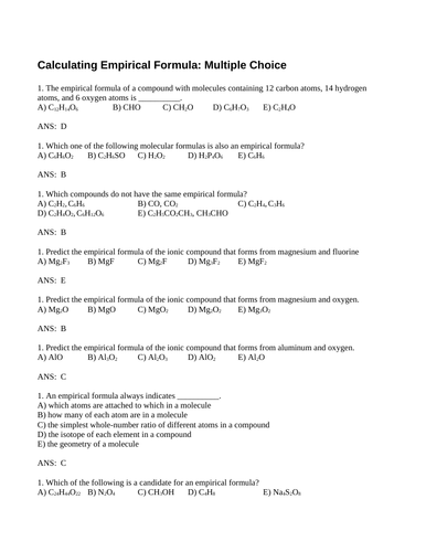 MOLECULAR & EMPIRICAL FORMULA Multiple Choice Grade 11 Chemistry WITH ...