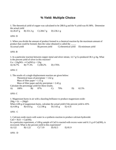STOICHIOMETRY PERCENT YIELD MULTIPLE CHOICE Grade 11 Chemistry & Actual ...
