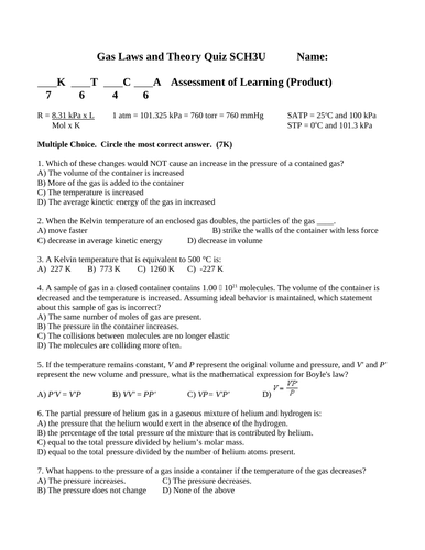 Gases Theory and GAS LAWS QUIZ Grade 11 Chemistry SCH3U Quiz WITH ...