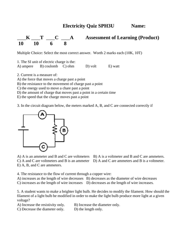 ELECTRICITY QUIZ Voltage Current Resistance Grade 11 Physics SPH3U WITH ...