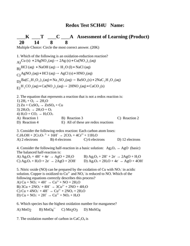 CHEMISTRY REDOX TEST Redox Reactions Test Grade 12 Chemistry SCH4U WITH ...